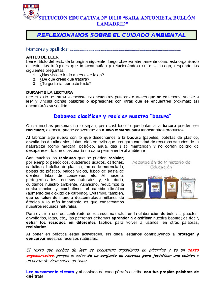 Plan Lector Dia Del Medio Ambiente 2 | PDF | Residuos | El plastico