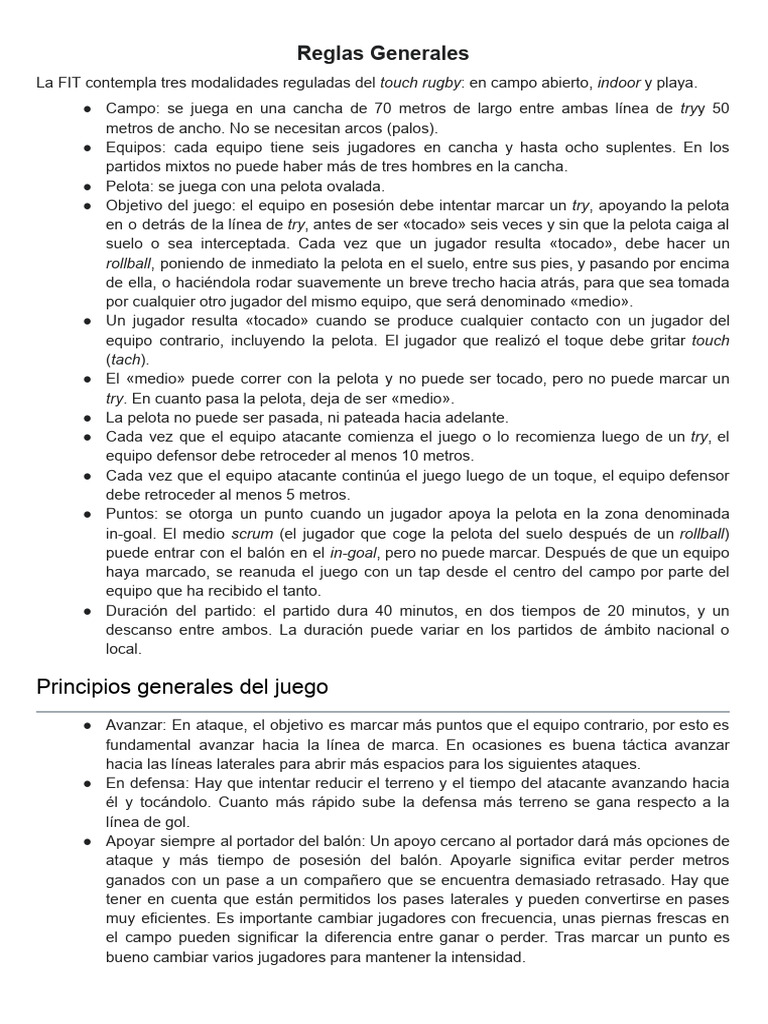 Reglas Generales Rugby Touch | PDF | Fútbol rugby | Defensor ...