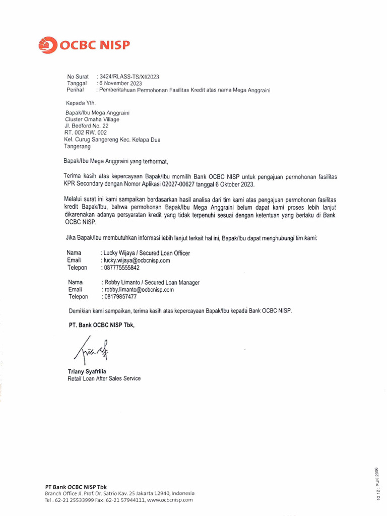 Surat Tolakan OCBC | PDF