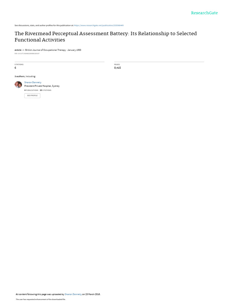 The Rivermead Perceptual Assessment Battery Its Re | PDF | Occupational ...