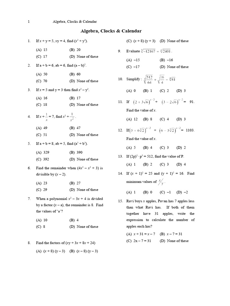 Algebra, Clocks & Calendar | PDF | Mathematics | Algebra