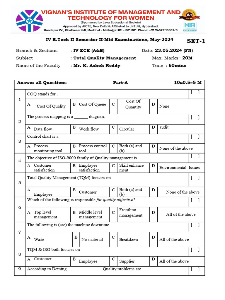 IV ECE MID-II TQM Question Paper - Doc Final | PDF | Iso 9000 | Quality Management