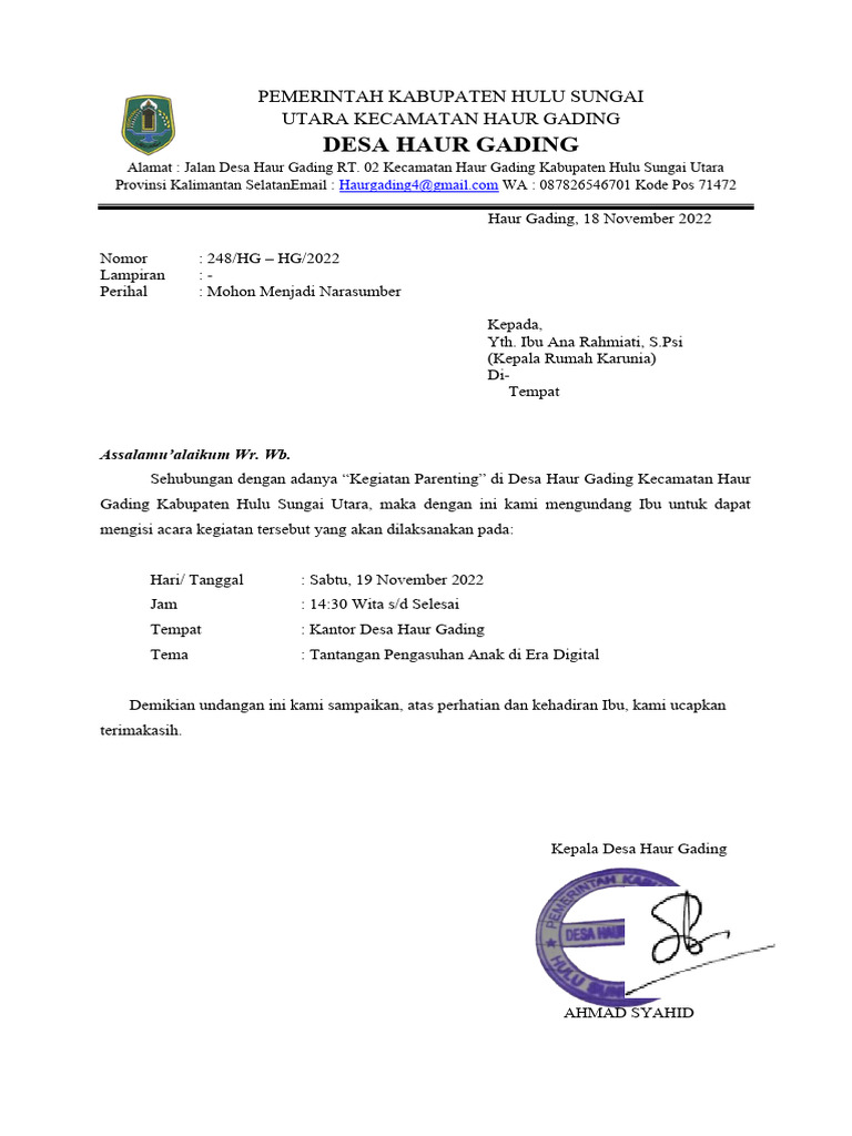 Undangan Narasumber Parenting | PDF