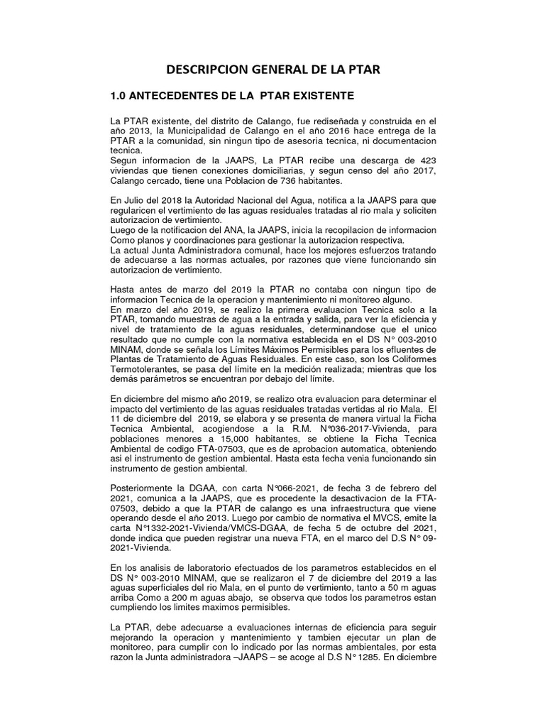Descripcion General de La Ptar Calango-31.7.2022 | PDF | Tratamiento de aguas residuales | Aguas ...