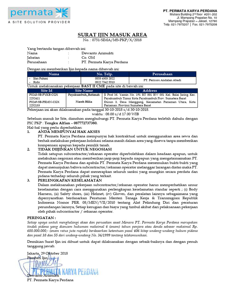 SIMA Permit PKP XL Payakumbuh Batimah, Nareh Hilia Okt'18 | PDF