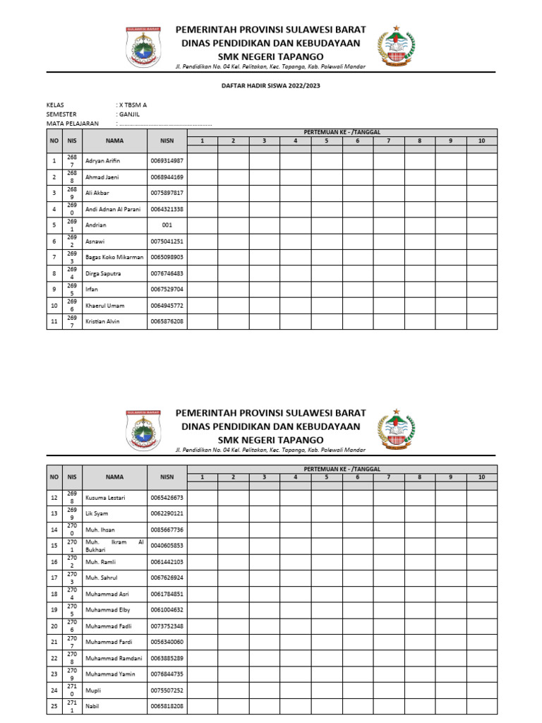 Daftar Hadir Siswa 2022-2023 New | PDF