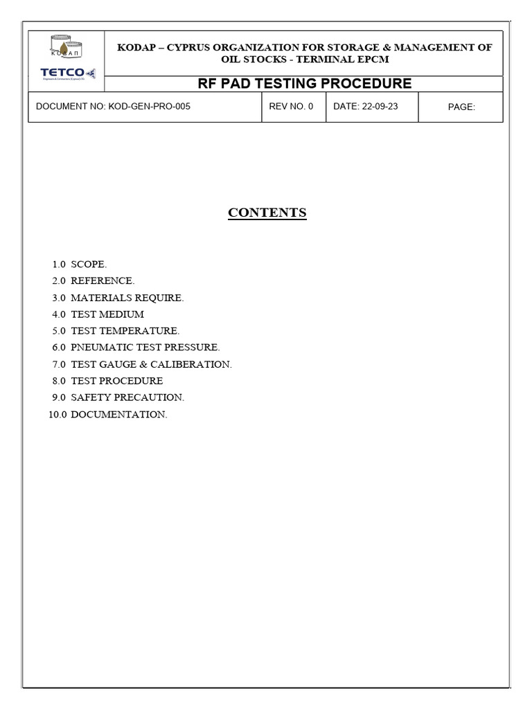 RF PAD TESTING Procedure - KOD-GEN-PRO-005 | PDF | Calibration | Pressure