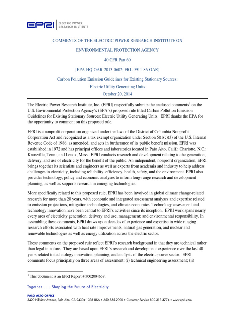 Comments of The Electric Power Research Institute On Environmental ...