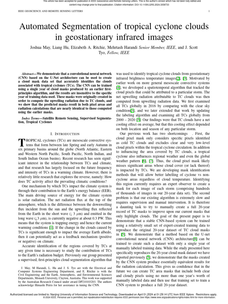 Automated Segmentation Of Tropical Cyclone Clouds In Geostationary Infrared Images Pdf