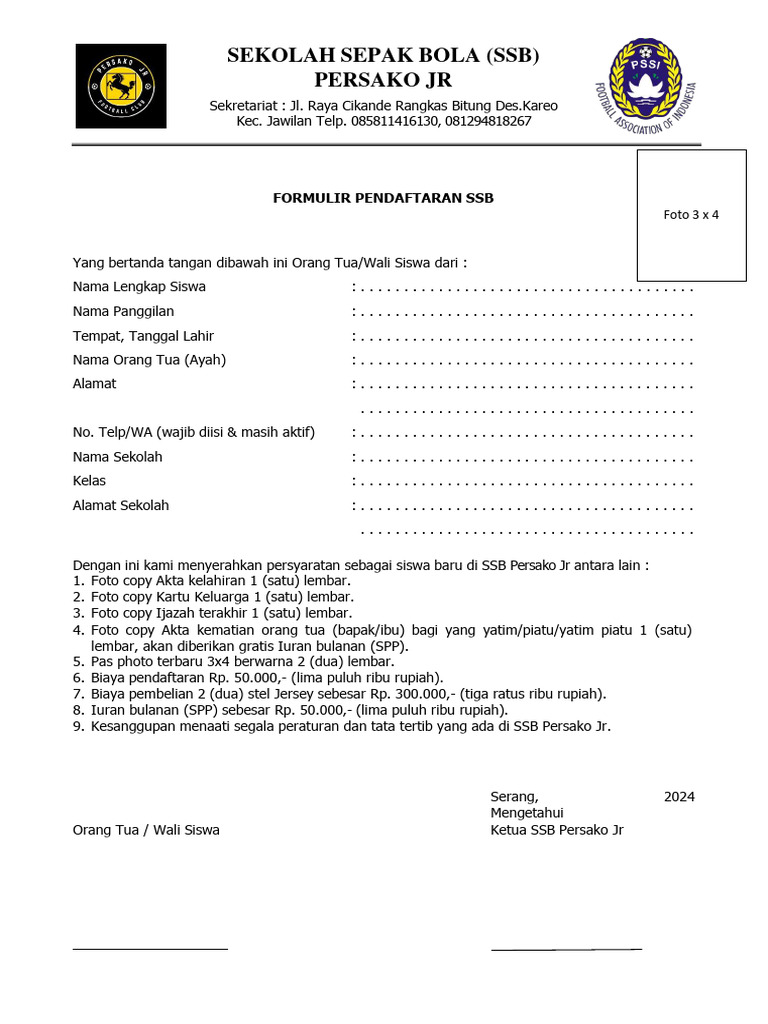 Formulir Pendaftaran SSB Persako JR 2024 | PDF