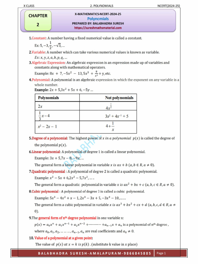 X NCERT2024 25 Mathematics 2.polynomials Notes WS | PDF