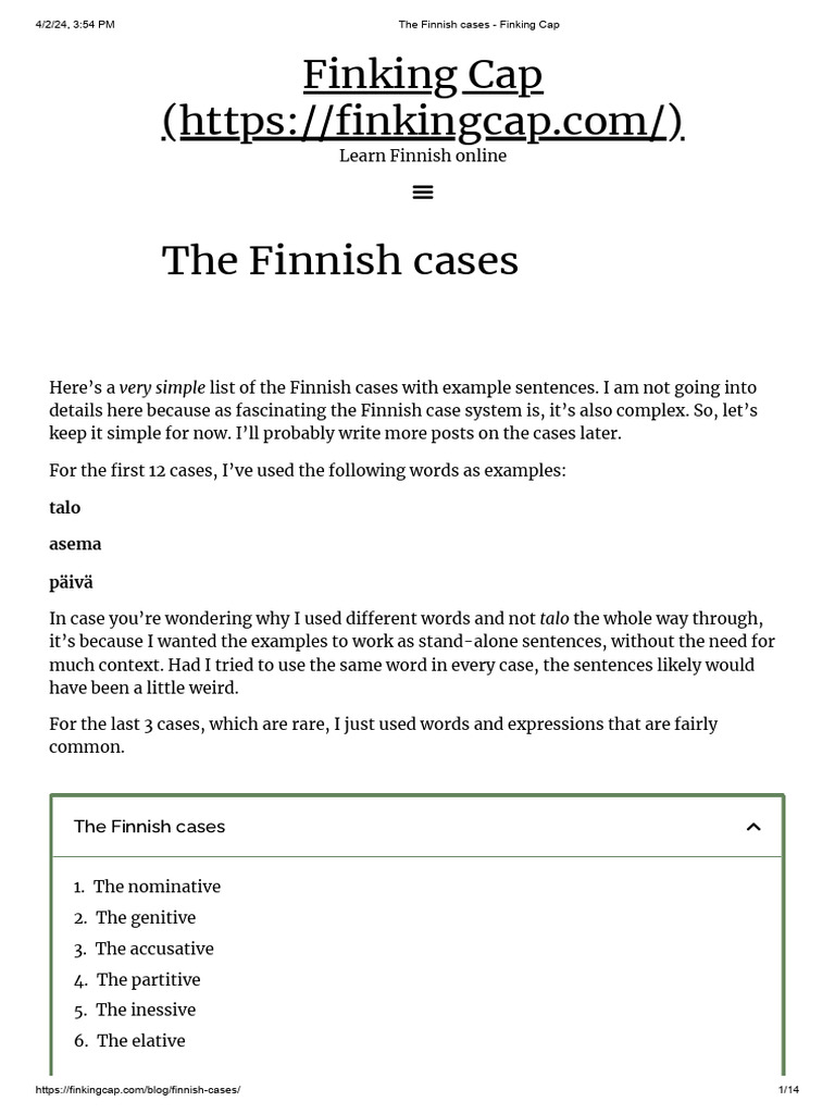 The Finnish Cases - Finking Cap | PDF | Plural | Linguistics