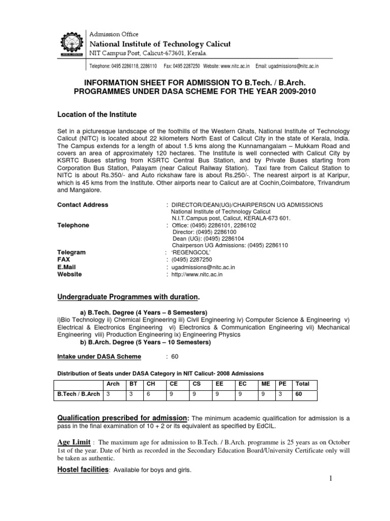 Dasa Information Sheet Nitc | PDF | University And College Admission ...
