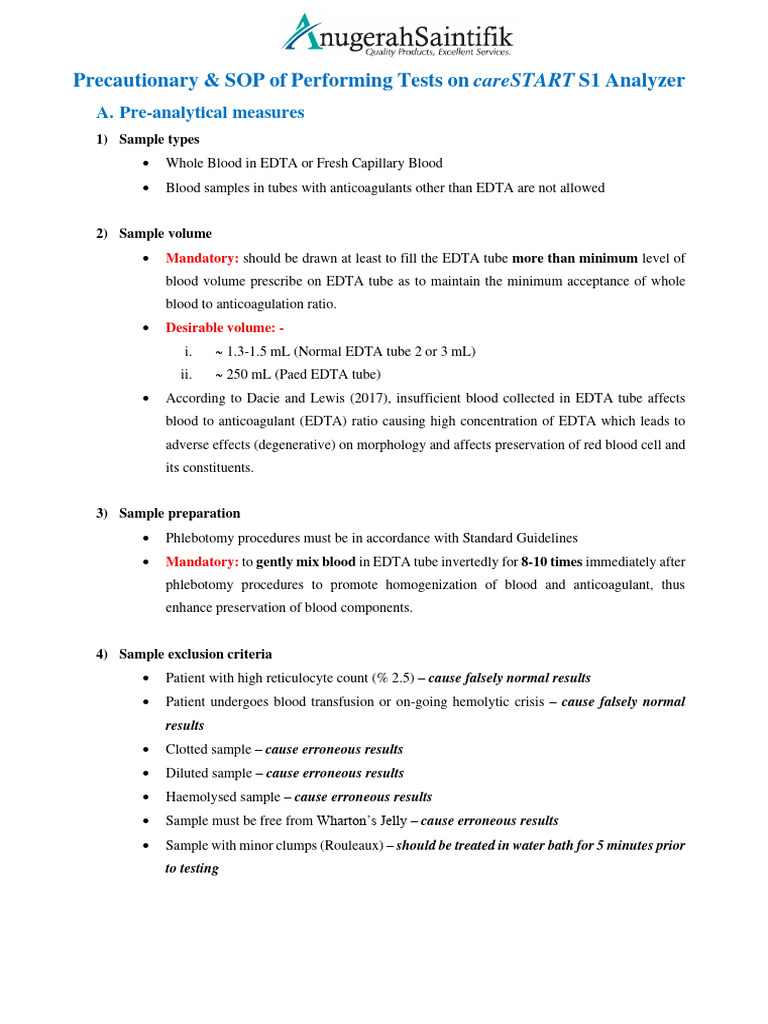 Precautionary and SOP of Handling careSTART S1 Analyzer | PDF | Blood ...