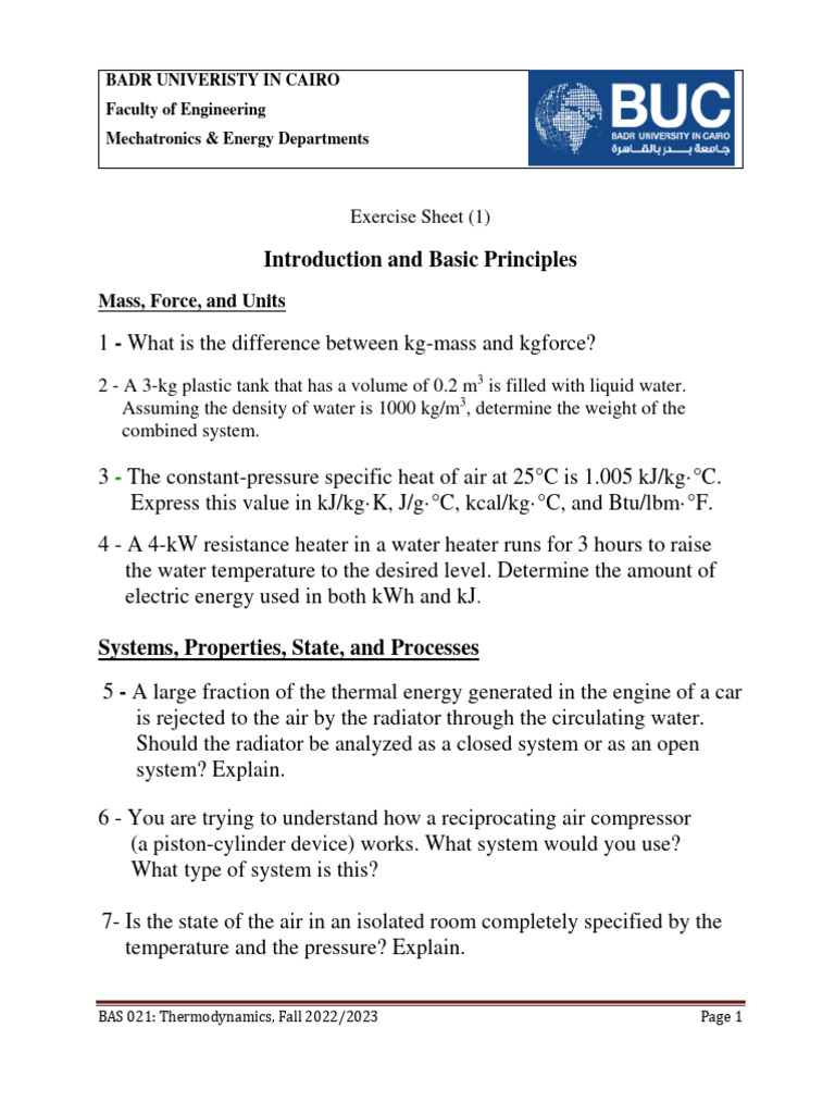 Sheet 1 Introduction and Basic Principles | PDF | Temperature | Pressure