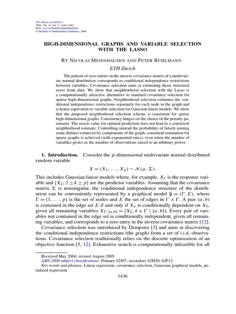 Meinshausen & Bühlmann, High-Dimensional Graphs and Variable Selection With The Lasso ...
