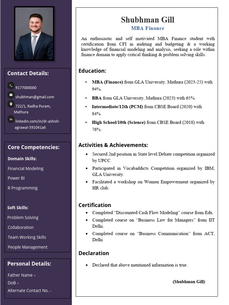 MBA Finance Student Profile Summary | PDF