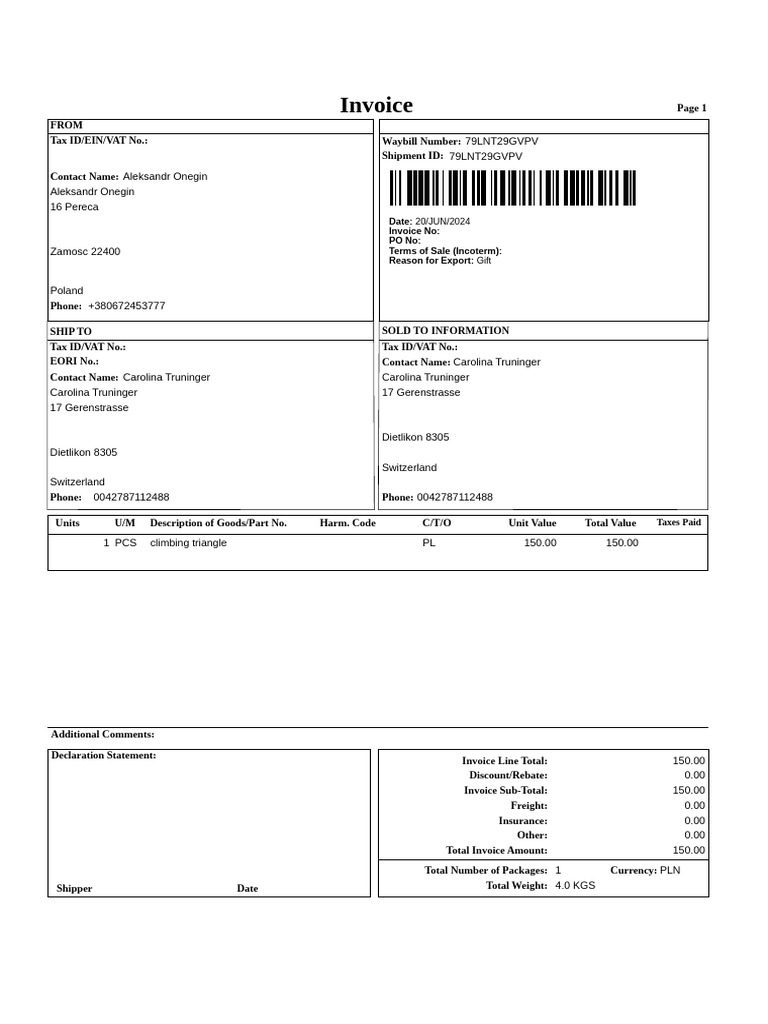 Invoice: Date: 20/JUN/2024 Invoice No: PO No: Terms of Sale (Incoterm ...