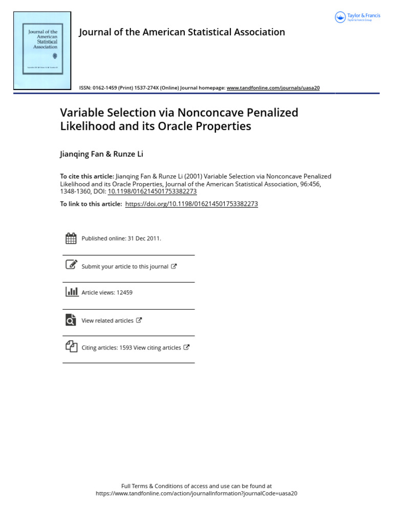 Variable Selection Via Nonconcave Penalized Likelihood And Its Oracle