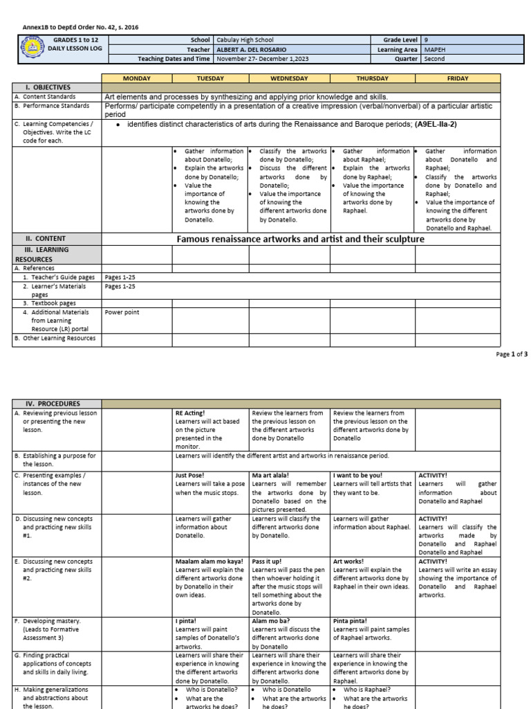 DLL Mapeh Arts9 Q2 W4 | PDF | Learning | Cognitive Science