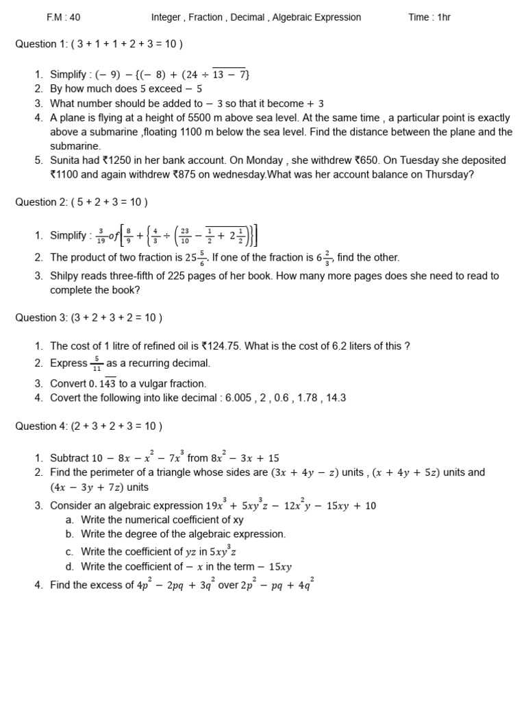 Integer, Fraction, Decimal, Algebric Expression | PDF | Decimal ...