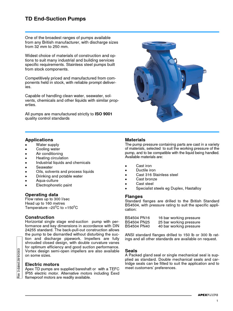Apex TD Pump Specifications and Features | PDF | Pump | Water