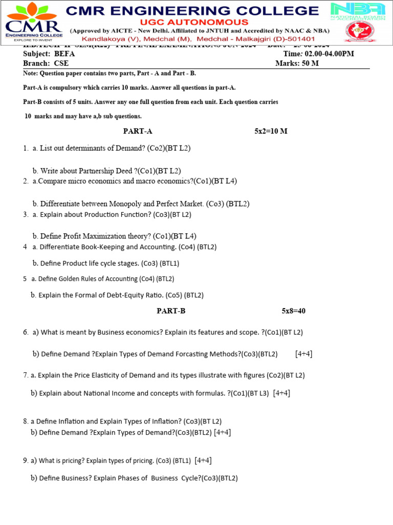 Pre-Final Question Paper - BEFA II SEM CSE | PDF | Demand | Economics