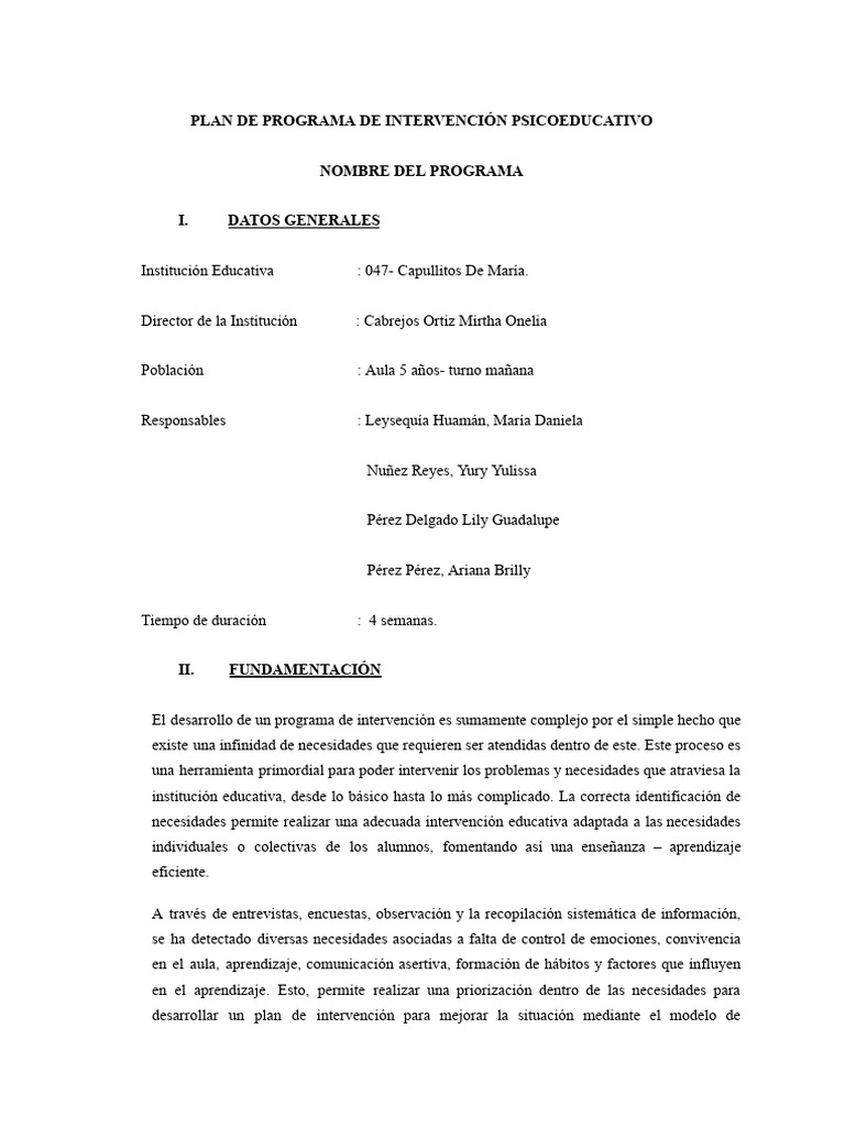 Plan de Programa de Intervención Psicoeducativo | PDF | Las emociones | Enseñando