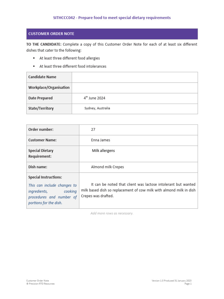 A7 SITHCCC042 Customer Order Note v1.0 | PDF