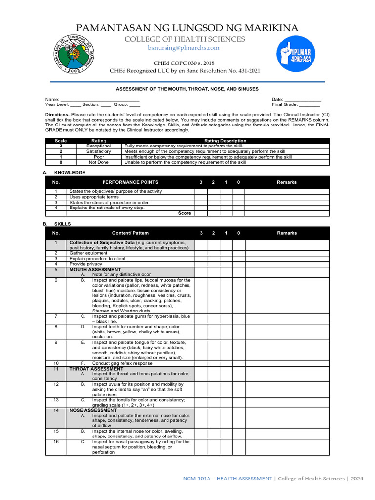Health Assessment Competency Checklist | PDF | Human Nose | Medical ...