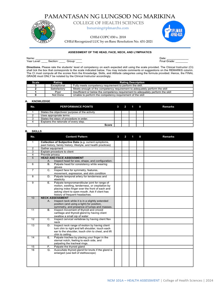 Health Assessment Checklist for Nursing | PDF | Neck | Human Head And Neck