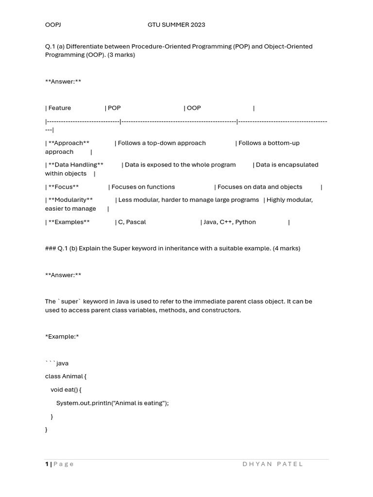 Oopj Gtu Summer Pdf Method Computer Programming Class Computer Programming