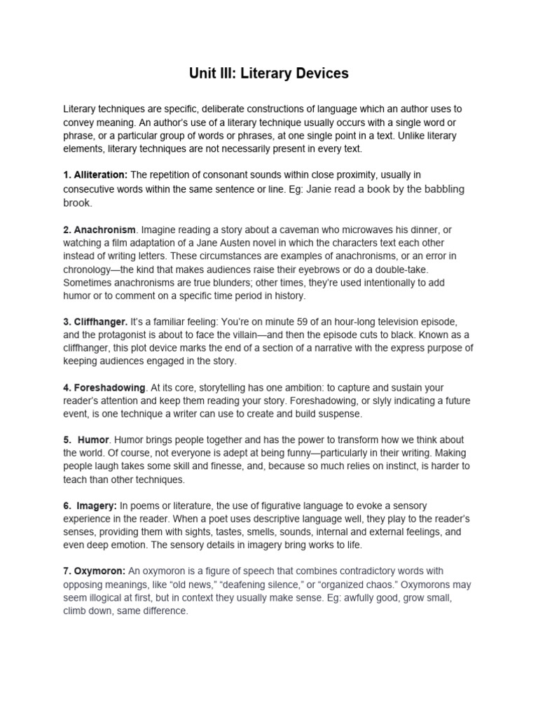 Unit III - Literary Devices | PDF | Narrative | Narration