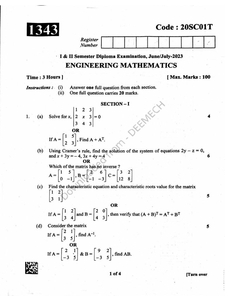 20sc01t - Engineering Mathematics June July 2023 Answer Key - Deemech | PDF