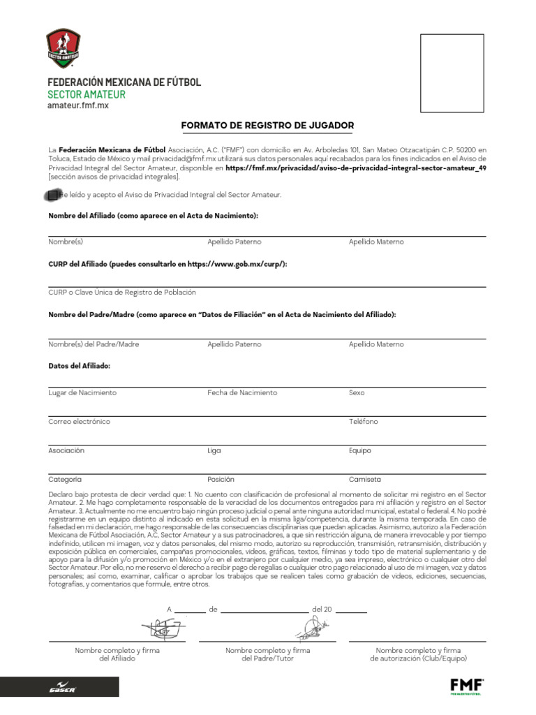 Formato de Afiliacion Jugador | Descargar gratis PDF | México | Asociación de Futbol