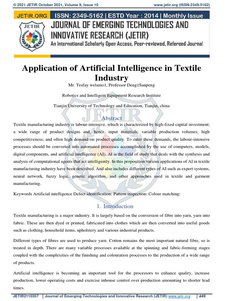 Application of Artificial Intelligence I | PDF | Textiles | Yarn