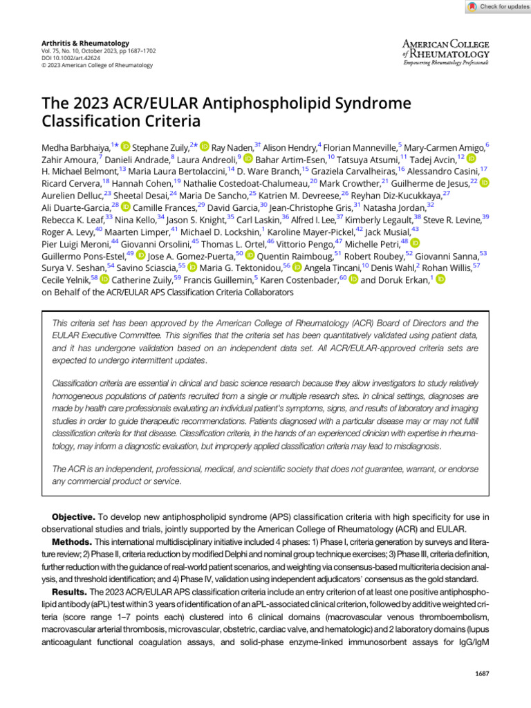 2023 ACR/EULAR APS Classification Criteria | PDF | Blood Pressure ...