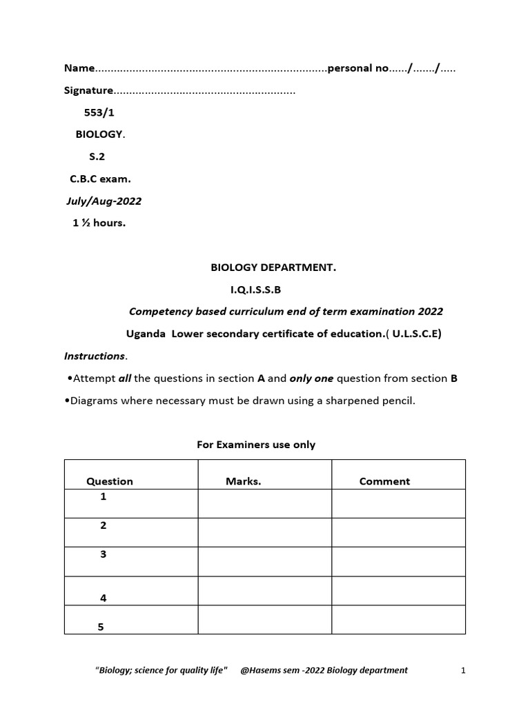 s2 Biology Paper 1 Competency Based Curriculum End of Term Examinations ...