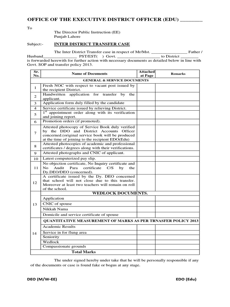 Inter District Transfer Performa For Psts and Ests | PDF