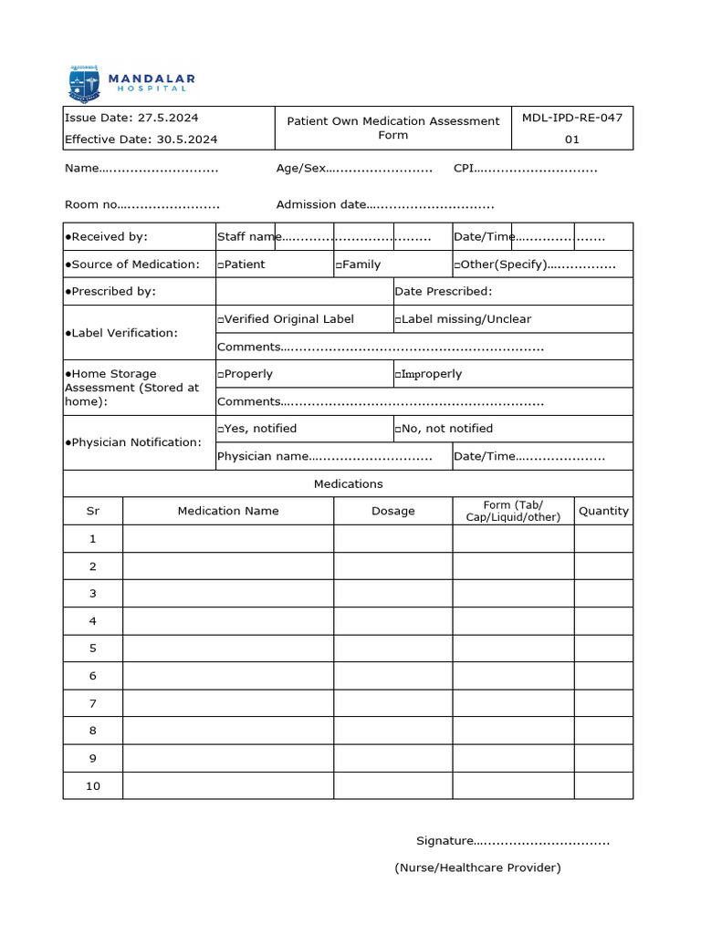 Patient Own Medication Assessment Form | PDF