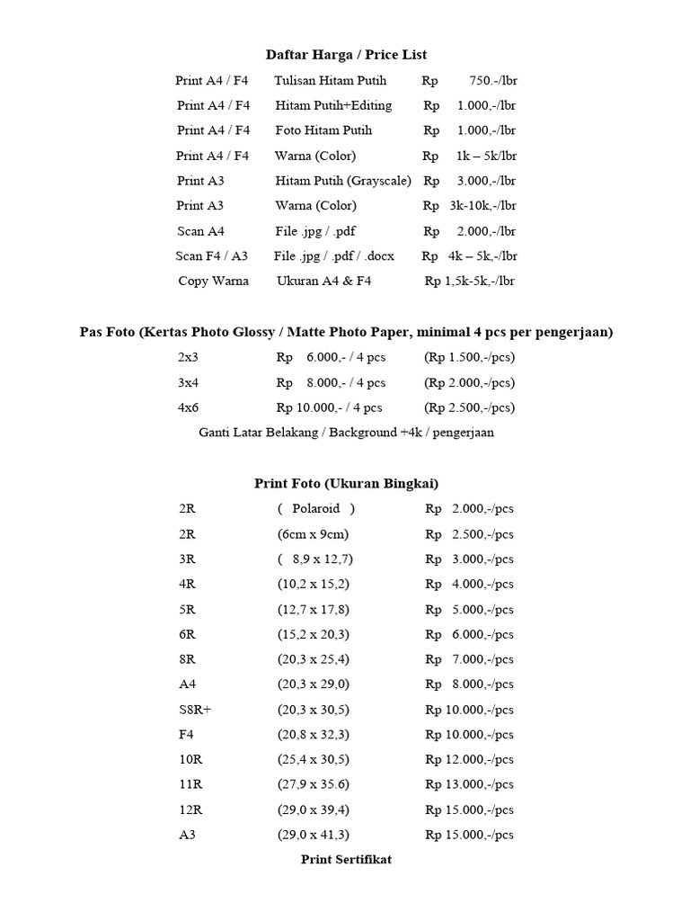 Daftar Harga Price List | PDF