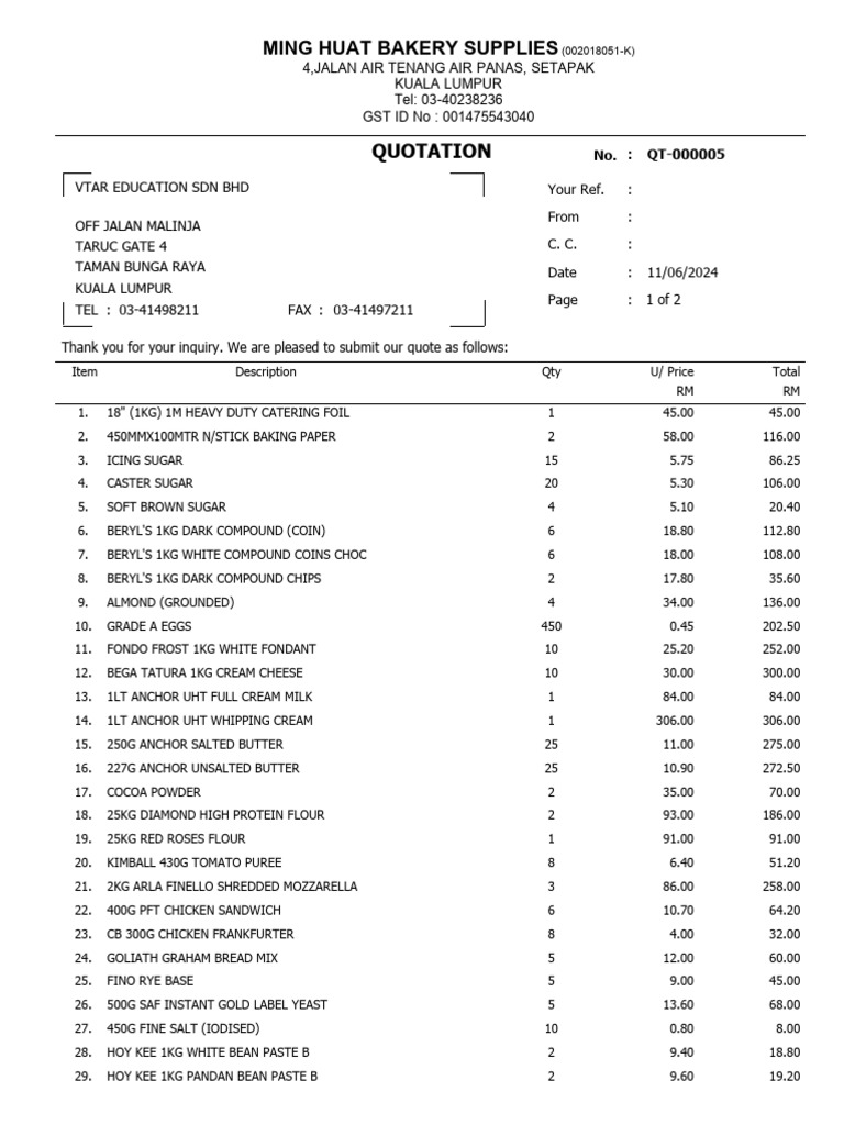 Quotation: Ming Huat Bakery Supplies | PDF | Cooking | Western Cuisine