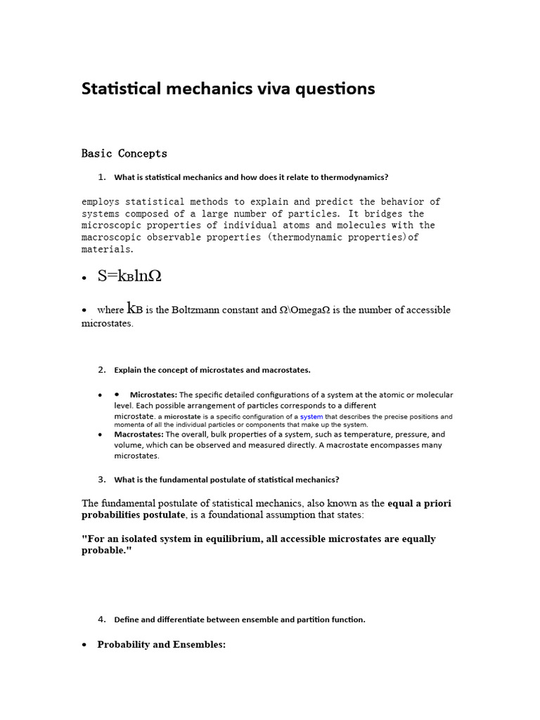 Statistical Mechanics Viva Questions | PDF | Statistical Mechanics ...