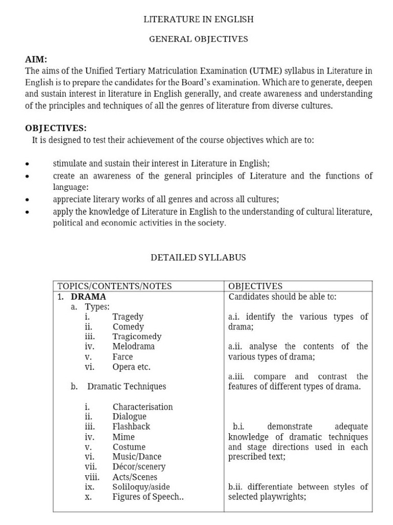Literature in English. Jamb Syllabus 2024. | PDF