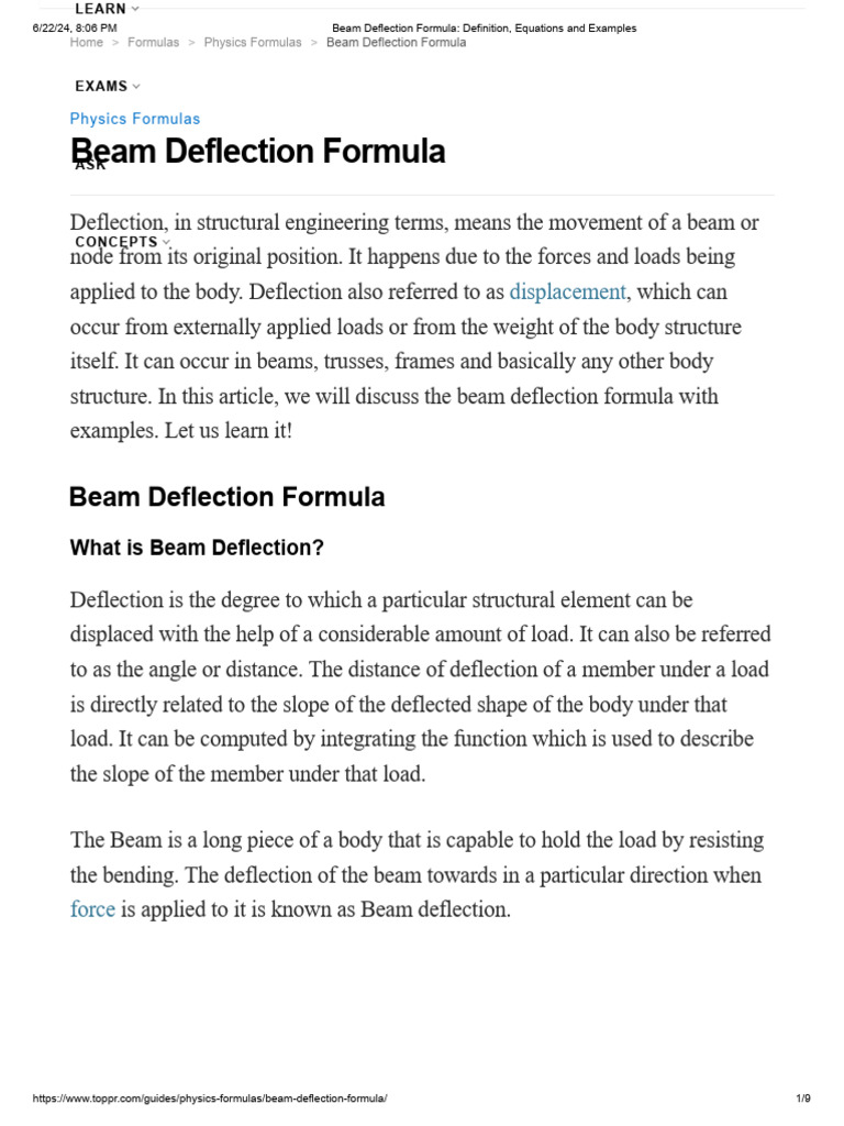 Beam Deflection Formula - Definition, Equations and Examples | PDF ...