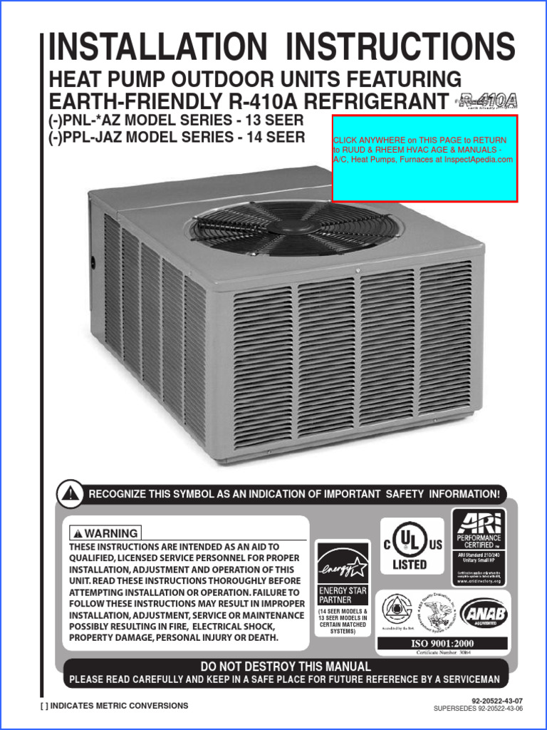 Ruud Heat Pump Installation Manual | PDF | Heat Pump | Pipe (Fluid ...