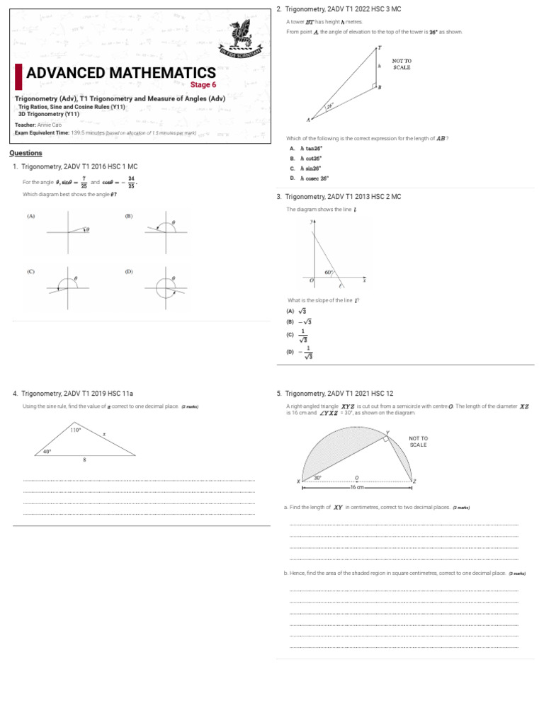 11ADV. Trigonometry Measure of Angles PART 1 Qs | PDF | Trigonometry | Area