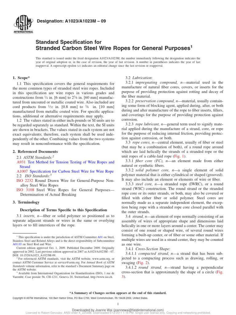 ASTM A1023M -09 | PDF | Wire | Rope