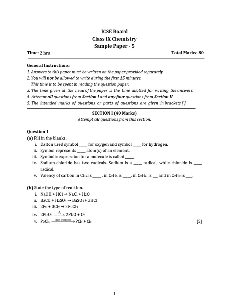 Chemistry 9 Icse Sample Paper 5 | PDF | Ion | Chemical Reactions