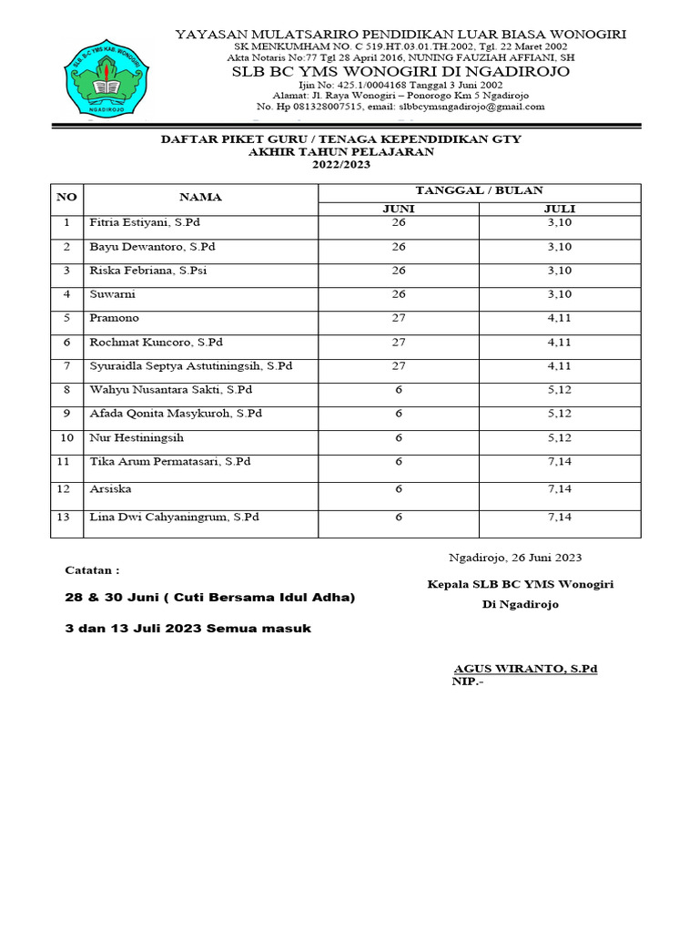 Jadwal Piket Terbaru SLB BC YMS NGADIROJO 2023 | PDF